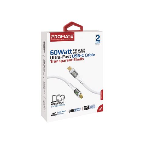 Promate W Power Delivery Ultra Fast Usb C Cable Transparent