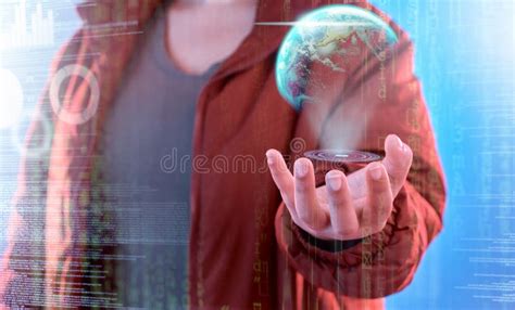 Earth Hologram Global Network Or Hand Of Person With Data Analysis Or