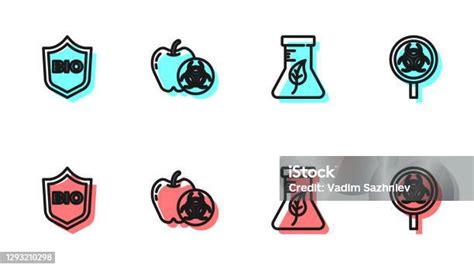 세트 라인 테스트 튜브 및 플라스크 바이오 건강 식품을위한 방패 유전자 변형 사과와 바이오 위험 돋보기 아이콘 벡터 0명에 대한