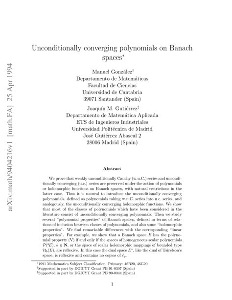 Pdf Unconditionally Converging Polynomials On Banach Spaces