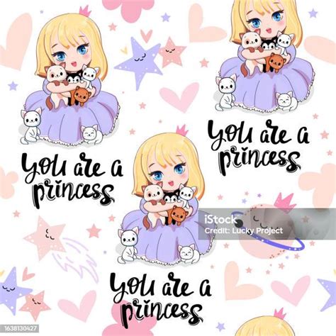 작은 새끼 고양이와 함께 귀여운 만화 애니메이션 소녀입니다 귀여운 스타일의 이음매 없는 패턴의 작은 공주 티셔츠를 위한 벡터