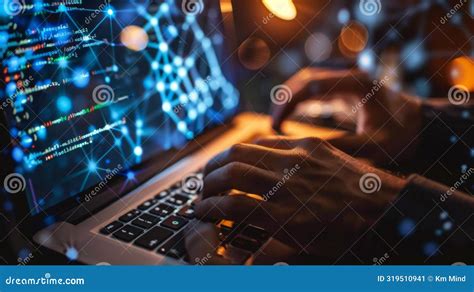 hands typing code on laptop with digital network stock illustration
