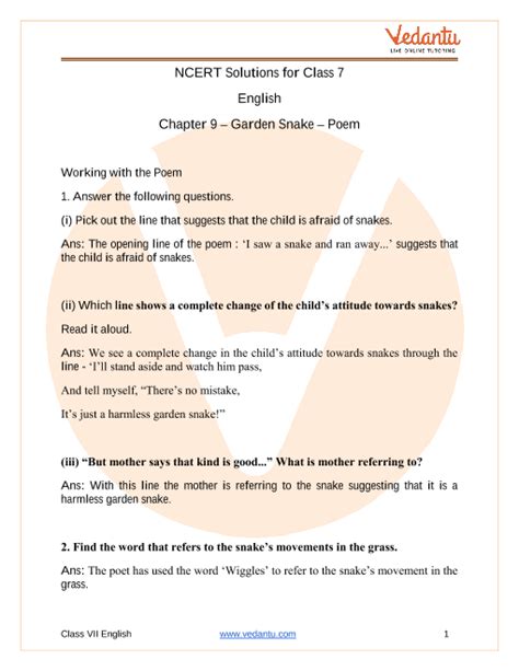Ncert Solutions For Class 7 English Honeycomb Chapter 9 Poem Garden Snake