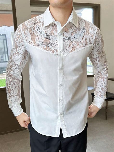 Men Contrast Lace Button Up Shirt White Lace Men Mens Lace Shirt