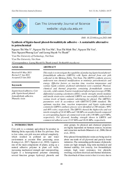 Pdf Synthesis Of Lignin Based Phenol Formaldehyde Adhesive A Sustainable Alternative To