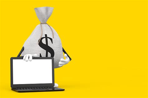 당신의 디자인에 대한 빈 화면과 소박한 캔버스 리넨 돈 자루 또는 돈 가방과 현대 노트북 노트북 컴퓨터를 묶어 3d 렌더링 0명에 대한 스톡 사진 및 기타 이미지 Istock