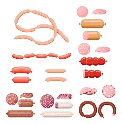 고기 소시지 컬렉션입니다 지방으로 소시지 조각을 자릅니다 삶은 훈제 고기 제품 쇠고기 돼지고기 또는 닭고기로 만든 델리카트슨 미식 제품 페퍼로니 또는 살라미 소시지