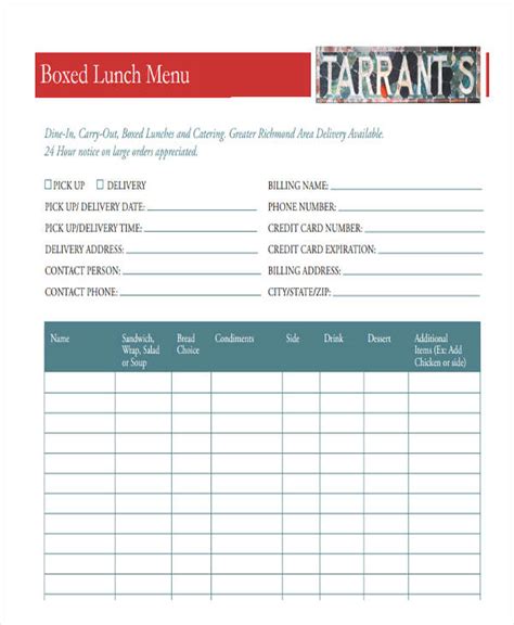 Food Menu Order Form Template