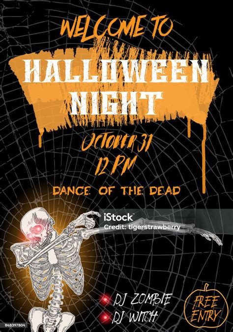 할로윈 해골 춤 Dab와 수직 배경입니다 할로윈 파티와 밤 플라이어 또는 안 내장 템플릿 손으로 서 단어 인사말 죽은 모든 밤의