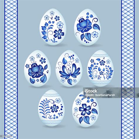 화려한 부활절 달걀 세트 러시아 전통 페인팅 플로럴 패턴인 Gzhel로 장식되어 있습니다 매끄러운 패턴 브러시 0명에 대한 스톡 벡터 아트 및 기타 이미지 Istock