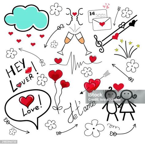 손으로 그린 발렌타인 데이 요소 낙서 만화는 흰색 배경에 고립되어 있습니다 커플 연인 사랑의 심장 검사 심장 곡선에 대한 스톡 벡터 아트 및 기타 이미지 Istock
