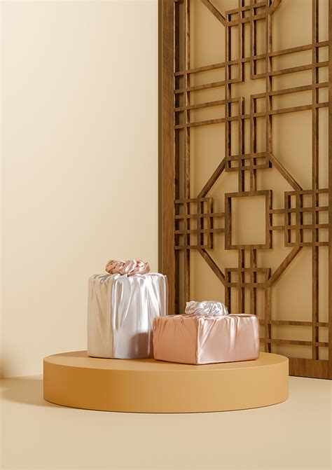 유토이미지 전통문틀 앞에 보자기로 포장된 선물이 놓여져있다