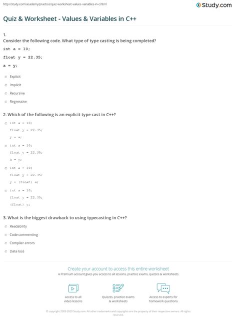 Quiz And Worksheet Values And Variables In C