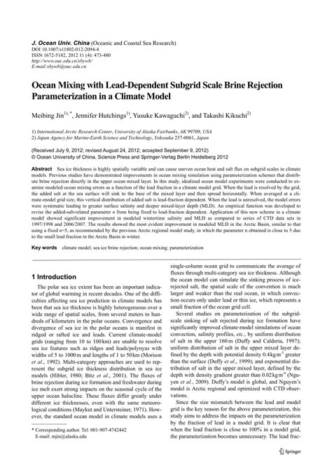 PDF Ocean Mixing With Lead Dependent Subgrid Scale Brine Rejection Parameterization In A