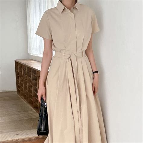 리얼코코 누적8천장 깔끔한무드격식룩추천 세리지 핀턱 반팔 셔츠 롱 원피스 3 Color 여름썸머하객룩출근룩오피스룩격식룩카라넥드레스