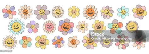 할로윈 그루비 꽃 만화 캐릭터 해피 할로윈 데이 70년대 그루비 벡터 트렌디한 복고풍 트리피 스타일의 스티커 팩 격리된 벡터 그림입니다 히피 60 년대 70 년대 스타일