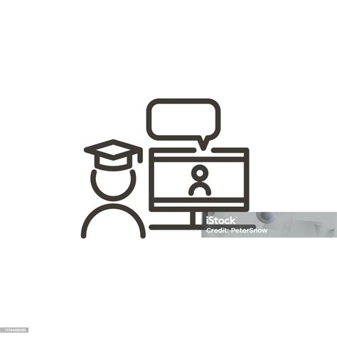 교사 나 고문과 온라인 전화 또는 웨비나에서 온라인으로 학습 아카데믹 캡을 가진 학생 온라인 교육 학습 강의 또는 과정 관련 과목에 대한 현대 벡터 트렌디 개요 아이콘 그림