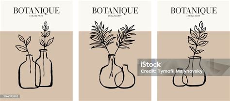 벽 예술 인쇄 세트입니다 추상 Boho 식물 손으로 그린 요소 및 주전자가 있는 미니멀리스트 포스터 포스터 엽서 배너 표지