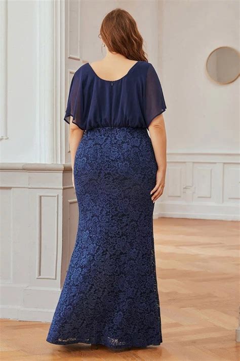Navy Blue Plus Size Vneck Lace Evening Dress Classy With Puffy Sleeves