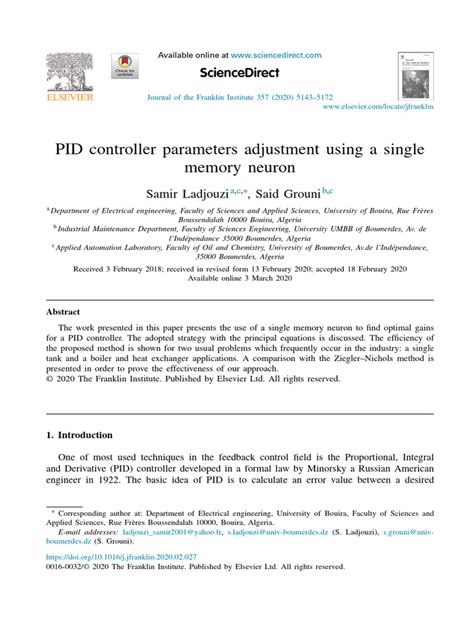 Pid Controller Parameters Adjustment Using A Single Memory Neuron Pdf