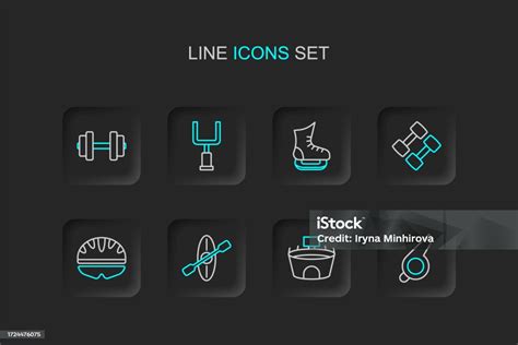 세트 라인 휘파람 경기장 카약 및 패들 자전거 헬멧 덤벨 스케이트 미식 축구 골 포스트 및 아이콘 벡터 건강한 생활방식에 대한 스톡 벡터 아트 및 기타 이미지 Istock