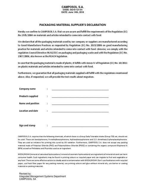 Sg10 121 Packaging Material Suppliers Declaration V1 Pdf Plastic Packaging And Labeling