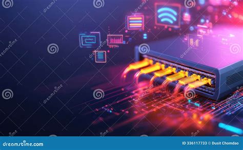 Stylized Illustration Of Router And Switch With Vibrant Data Flow 336117733