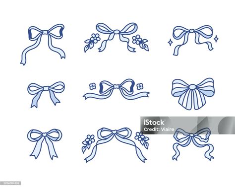 꽃 별 잎이 있는 우아한 나비 매듭 세트 아름다운 휴일 장식 요소 축제 선물 장식의 컬렉션 요염한 예쁜 파란색 리본 빈티지 손으로 그린 일러스트 0명에 대한 스톡 벡터 아트