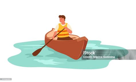 구명 조끼를 입은 호수에서 카누를 타고 래프팅하는 남자 고립 된 만화 남성은 보트에 앉아 노를 젓고 여름 모험을 즐깁니다 구명 조끼에 대한 스톡 벡터 아트 및 기타 이미지