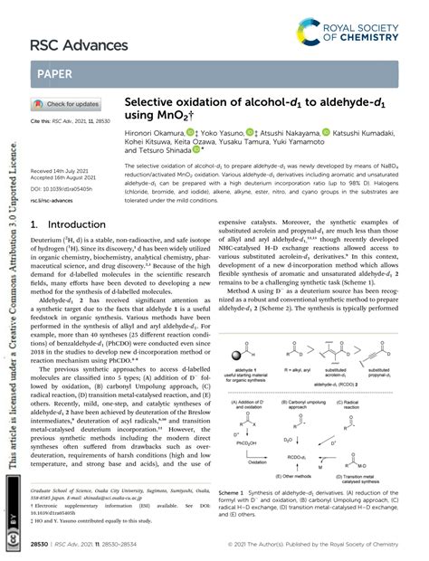 Pdf Selective Oxidation Of Alcohol D 1 To Aldehyde D 1 Using Mno 2