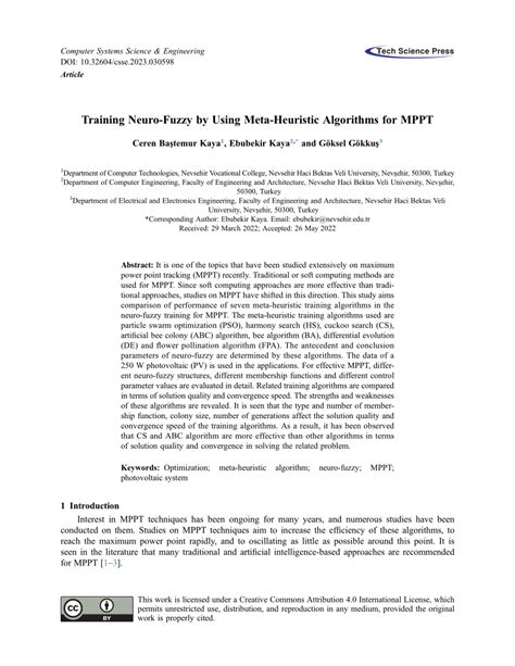 Pdf Training Neuro Fuzzy By Using Meta Heuristic Algorithms For Mppt