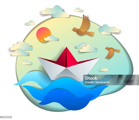 바다 파도에서 수영 종이 접기 종이 배 장난감 바다에 떠있는 장난감 보트와 하늘에 새와 아름다운 벡터 그림 물 여행 여름 휴가 3차원 형태에 대한 스톡 벡터 아트 및 기타