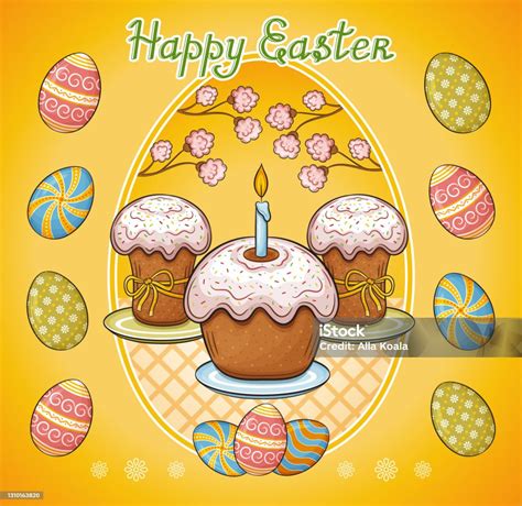 행복한 부활절 장식이있는 케이크와 색의 계란 전통적인 장식 파이 촛불로 그려진 달걀 껍질과 신성한 쿨리히 음식 봄 종교 휴일 기호 인사말 카드 만화 벡터 부활제에 대한 스톡