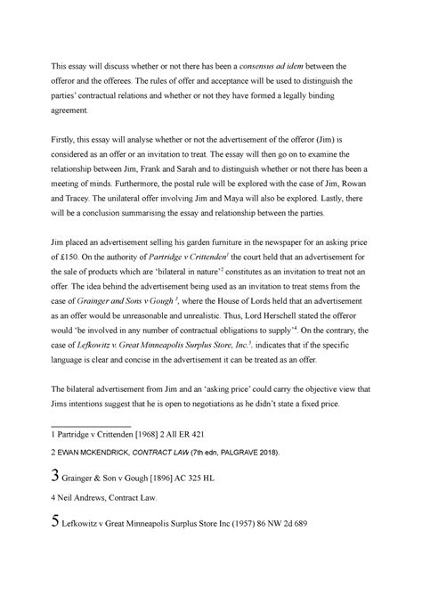 Contract Coursework This Essay Will Discuss Whether Or Not There Has Been A Consensus Ad Idem