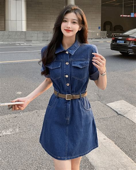 무료 당일출고 봄 여름 썸머 반팔 셔츠 진청 데님 파랑 파란 청 벨트 미니 원피스