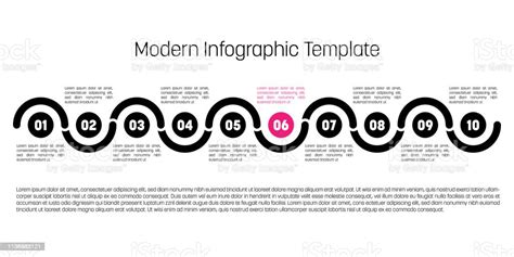 10 단계 프로세스 현대 인포 그래픽 다이어그램 원과 파도의 그래프 템플릿입니다 10 단계 또는 옵션의 비즈니스 개념입니다 분홍색 강조 된 단계를 가진 까만에 현대 디자인
