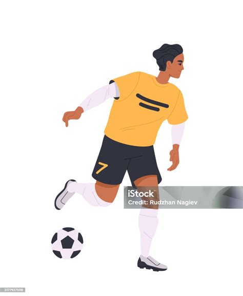 축구 선수 강하고 빠른 남자 선수가 유럽 축구 리그에서 뛰고 있습니다 남자가 달리고 공을 치고 스포츠 및 활동 평면 벡터 일러스트 레이 션 Championship에 대한