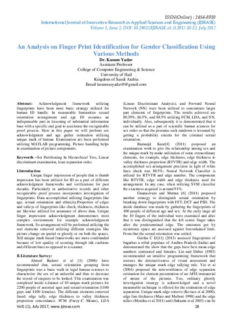 pdf an analysis on finger print identification for gender