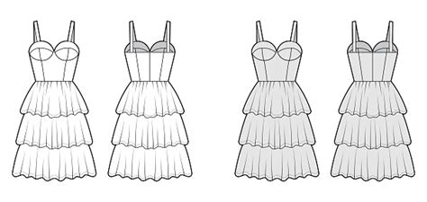 민소매 컵 몸에 맞는 뷔스티에 드레스 테크니컬 패션 일러스트 3열 무릎 길이 주름 티어 스커트 0명에 대한 스톡 벡터 아트 및 기타 이미지 Istock
