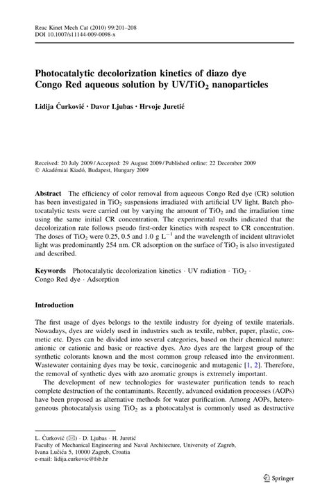 Pdf Photocatalytic Decolorization Kinetics Of Diazo Dye Congo Red Aqueous Solution By Uvtio 2