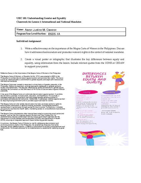 UIEC 101 Lesson 1 Course Activity UIEC 101 Understanding Gender And Equality Classwork For