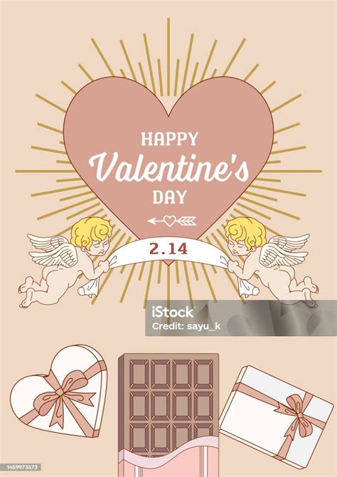 인사말 단어 A4 세로 비율을 포함하는 발렌타인 데이 디자인 템플릿 두 개의 큐피드와 초콜릿 바 2명에 대한 스톡 벡터 아트 및 기타 이미지 Istock