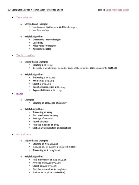 Quick Reference Guide The Math Class Ap Computer Science A Home Exam Reference Sheet Pdf