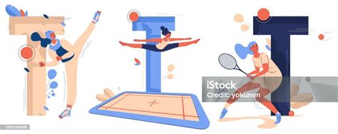 스포츠 편지 T 컬렉션 여성 훈련 테니스 선수 트램폴린 점퍼 흰색 배경에 고립 된 태권도 전투기 건강한 라이프 스타일과 활동적인 삶의 태도 테니스에 대한 스톡 벡터 아트 및