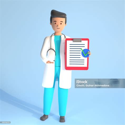 의사의 3d 일러스트 의사 3d 일러스트 처방논문을 가리키는 의사 일러스트를 3d 렌더링합니다 물리와 종이 복사 공간을 가진 3d 의료 개념 3차원 형태에 대한 스톡 사진