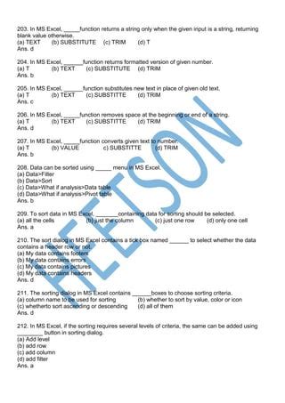 MS Excel MCQ Questions And Answers Microsoft Office PDF Computing Technology Computing