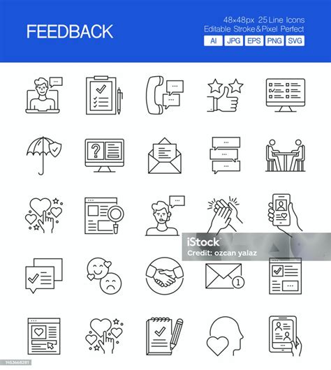 피드백 얇은 선 벡터 아이콘 세트입니다 디자인은 편집 가능하며 색상을 변경할 수 있습니다 창의력 아이콘의 벡터 세트 회원 평가 설문 조사 의견 의견 피드백 만족 Brand