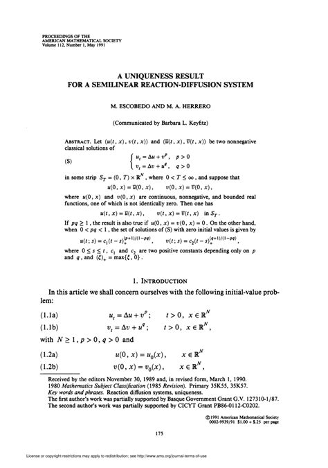 Pdf A Uniqueness Result For A Semilinear Reaction Diffusion System