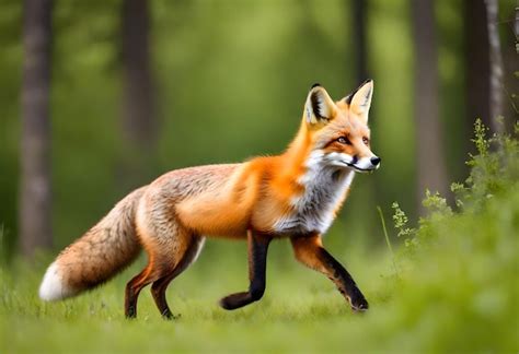 Premium Photo A Red Fox Running Through A Field With A Forest In The