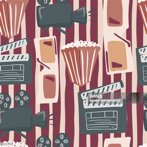 홀리 우드 스타일의 원활한 영화 영화 패턴 스트라이프 배경에 팝콘 카메라 3d 안경 과 클래퍼 보드 실루엣 마룬톤 아트워크 복고풍에 대한 스톡 벡터 아트 및 기타 이미지